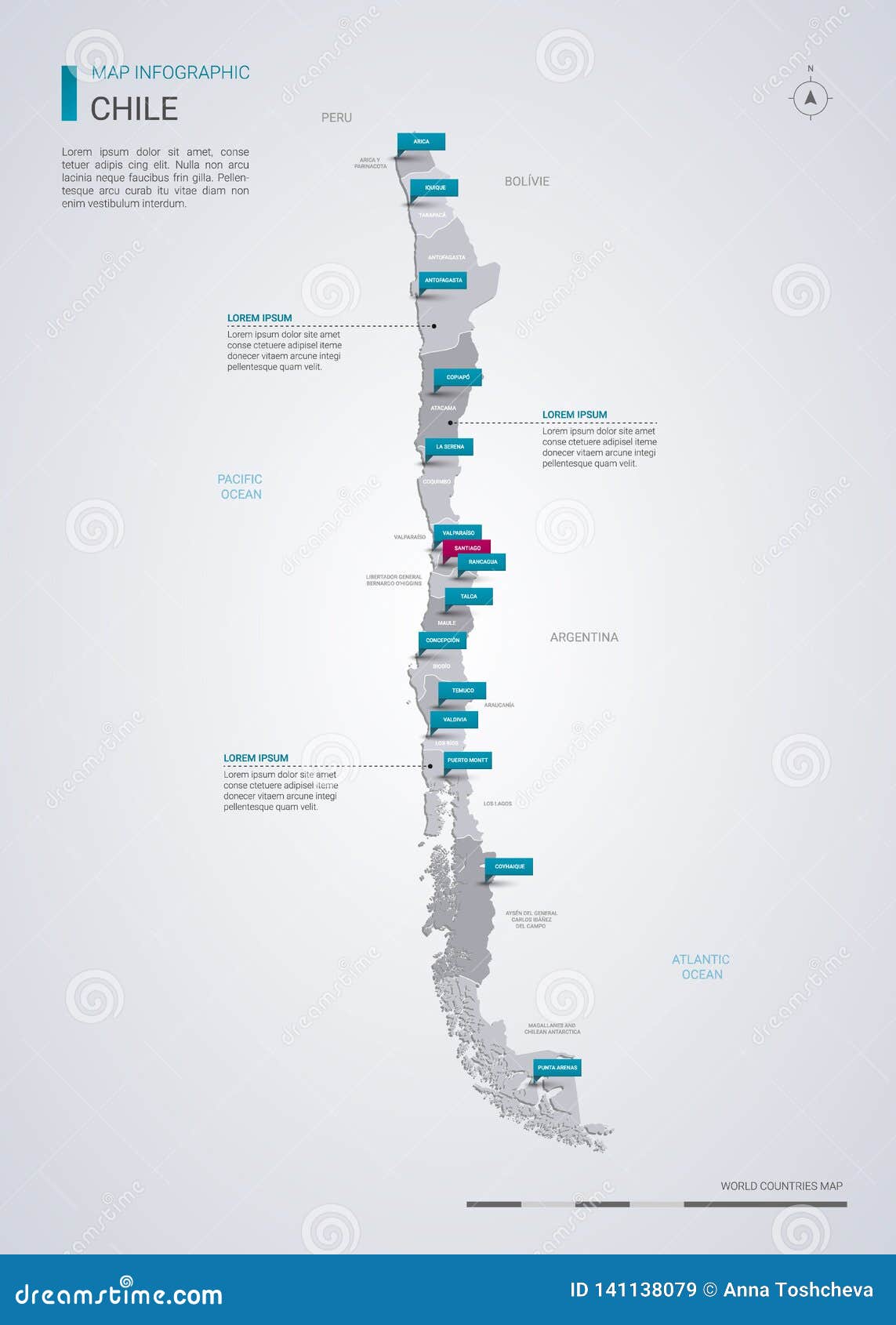 Chile Vector Map With Infographic Elements Pointer Marks Stock Vector