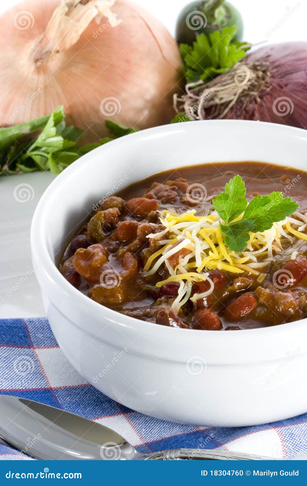 Chili in Bowl - Vertical stock photo. Image of soup, checked - 18304760
