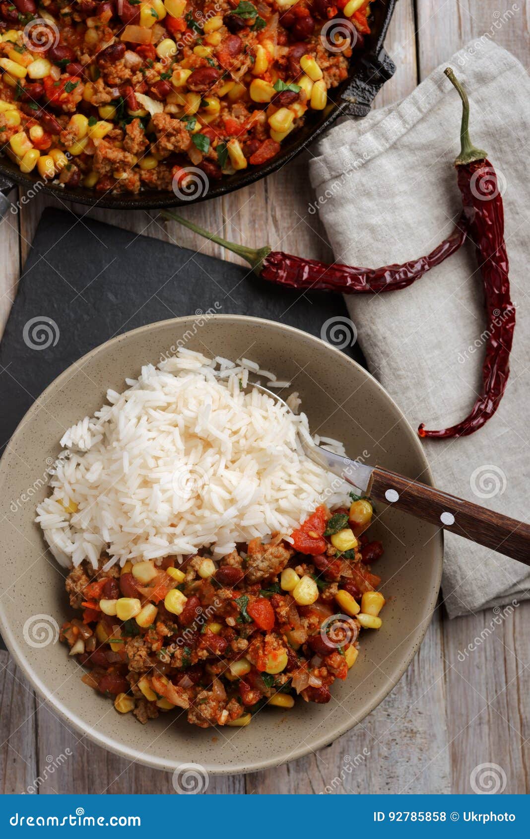 Chili con carne with rice stock photo. Image of meal - 92785858