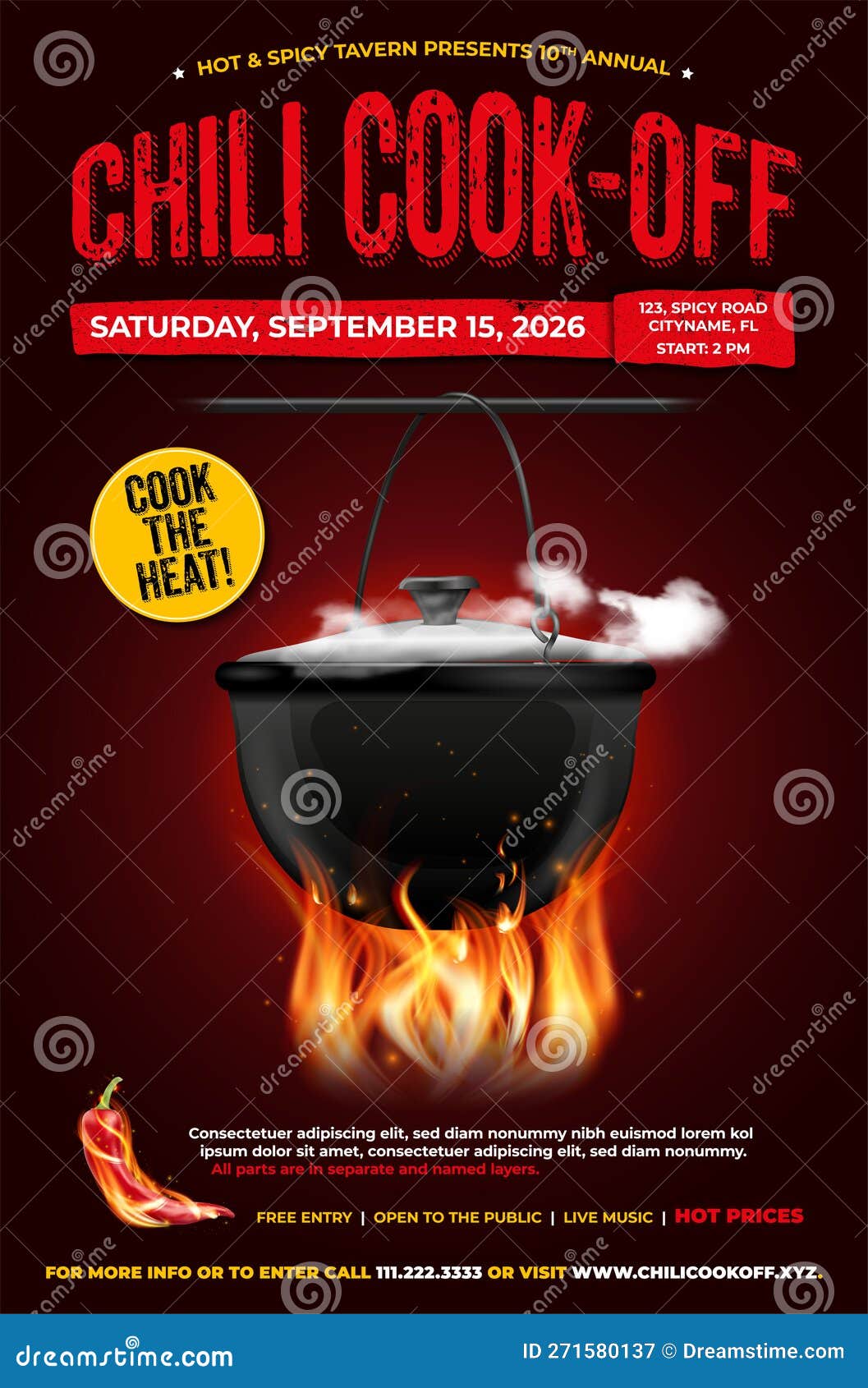 Chili Cook-of Poster Template with Cauldron Above Fire Stock Vector ...
