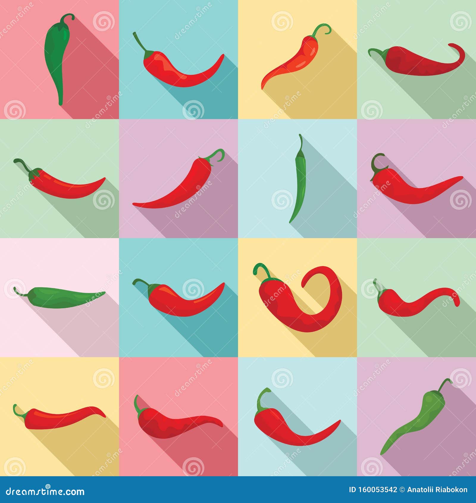 Chili Icons Set, Flat Style Stock Vector - Illustration of flat ...