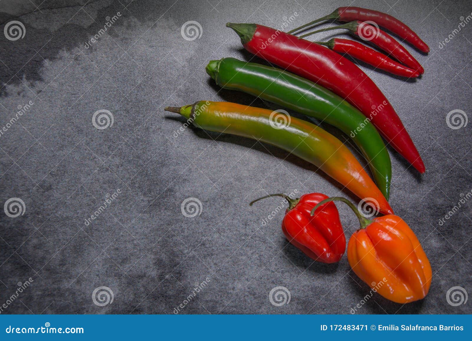 Chili Pepper, Different Types and Colors, with Copy-space, on Gray ...