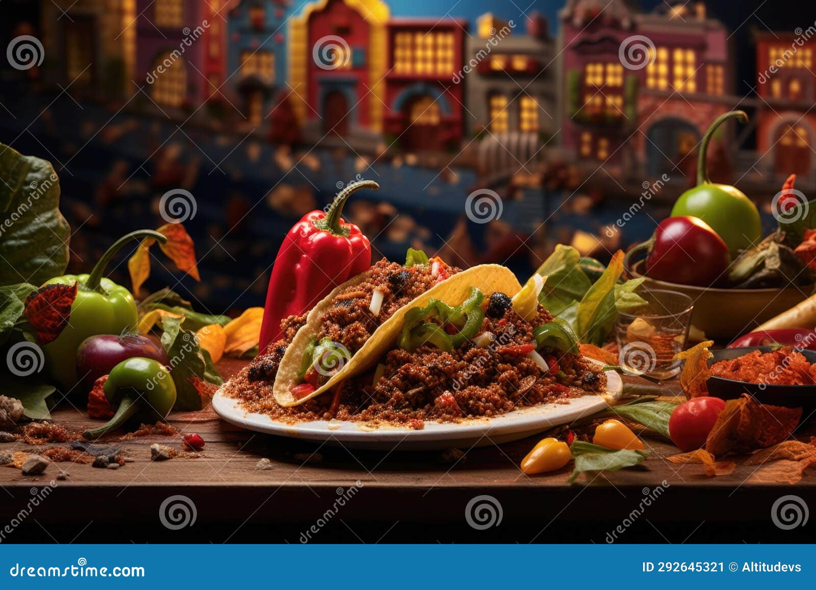 Chili Pepper Inside a Taco with a Backdrop of Assorted Mexican Cuisine ...