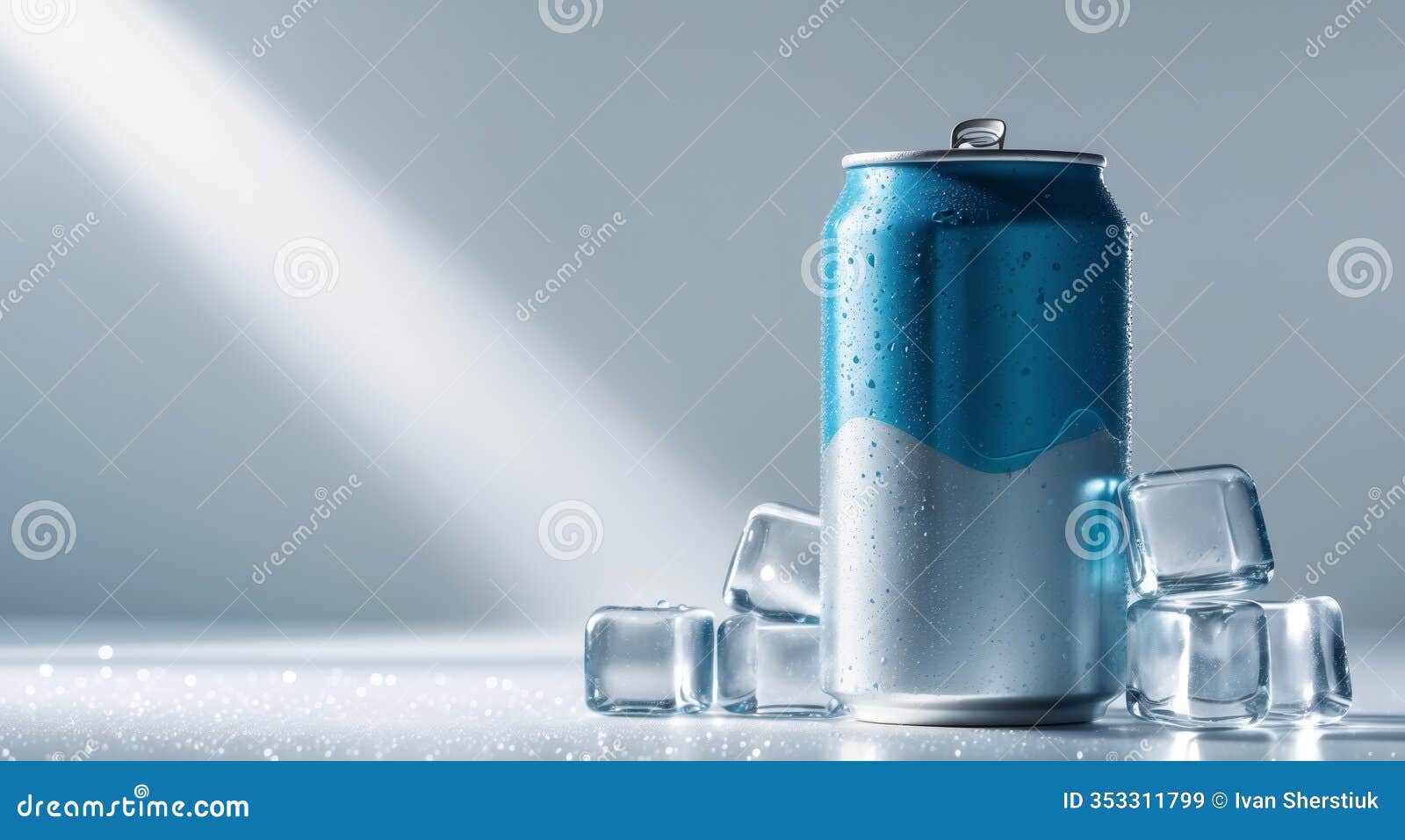 Chilled Beverage Can with Ice Cubes and Water Droplets Stock Image ...
