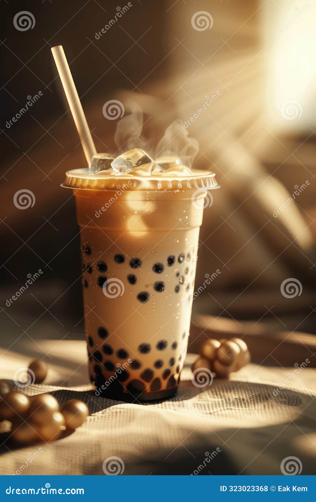 Chilled Bubble Tea with Steam Rising from Ice, Placed on a Textured ...