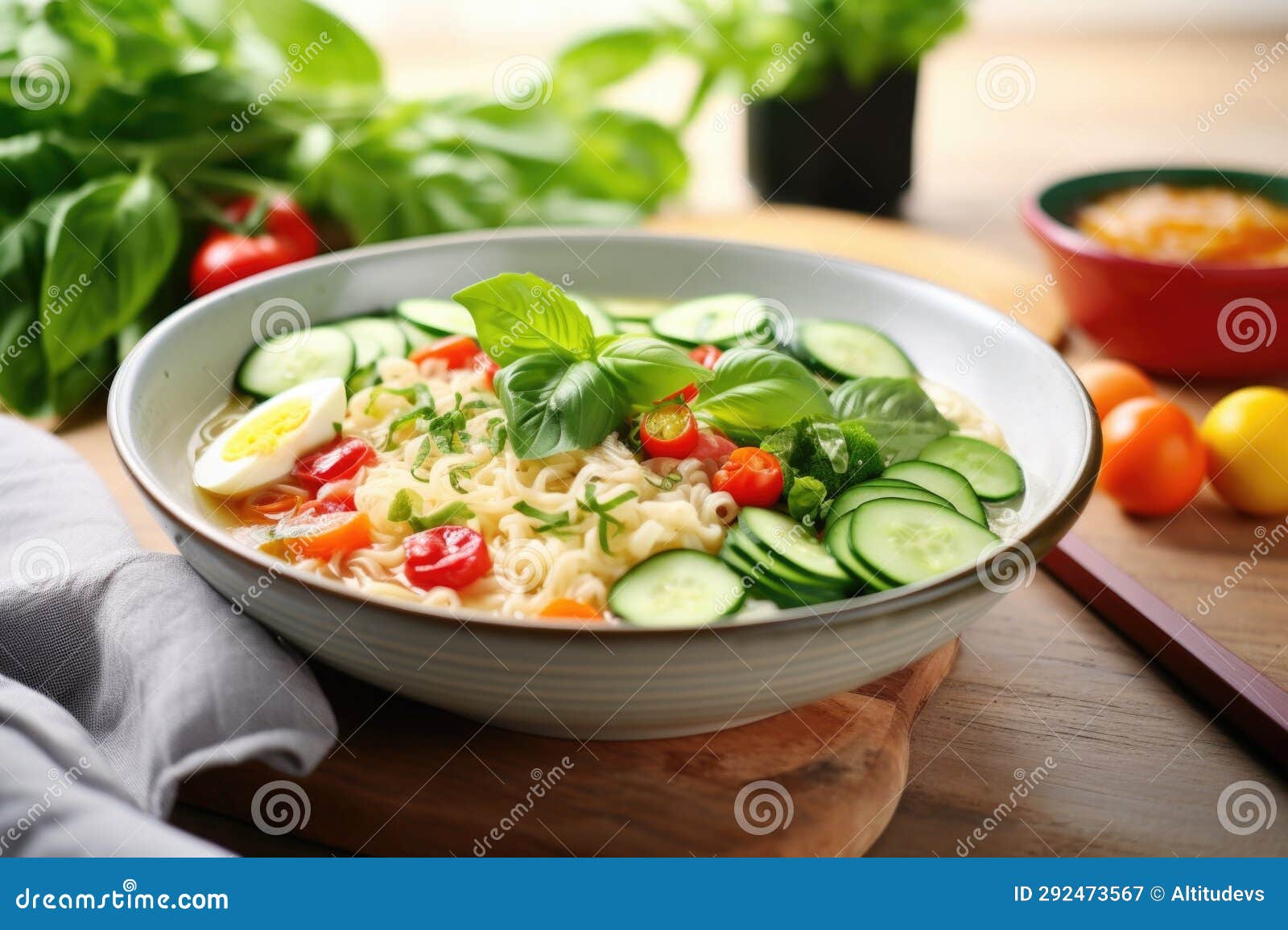 Chilled Summer Ramen with Cucumber and Tomato Stock Image - Image of ...