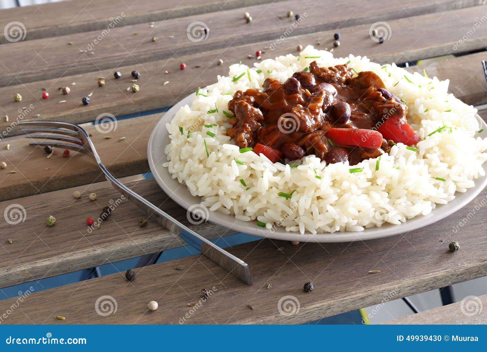 Chilli con carne with rice stock photo. Image of delicious - 49939430