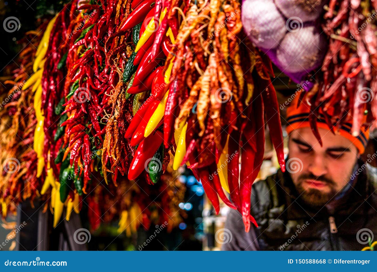 Chilli Market Stall with a Dependent of the Boqueria Editorial Stock ...