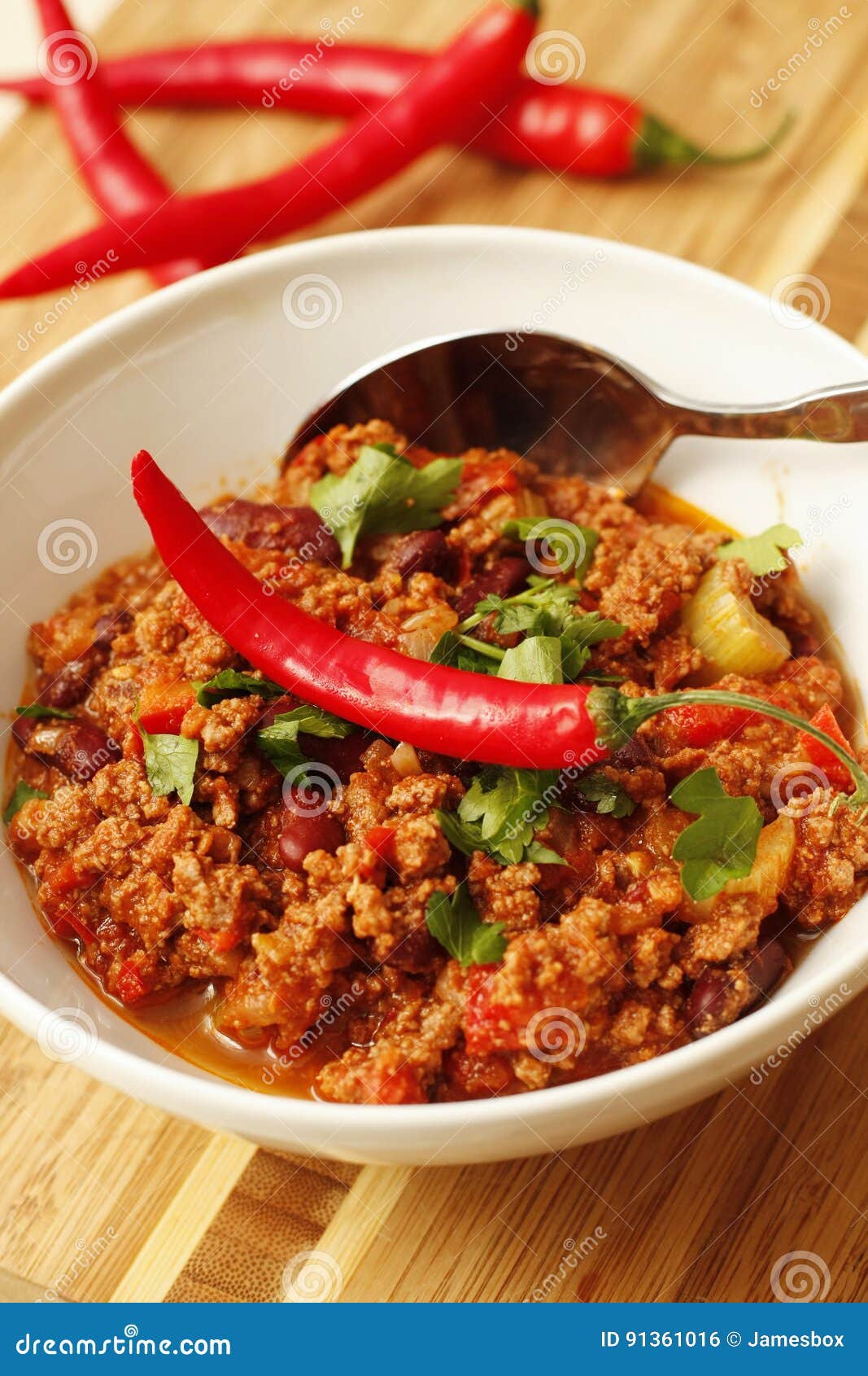 Chilli with Minced Beef and Herbs on White Bowl Stock Photo - Image of ...