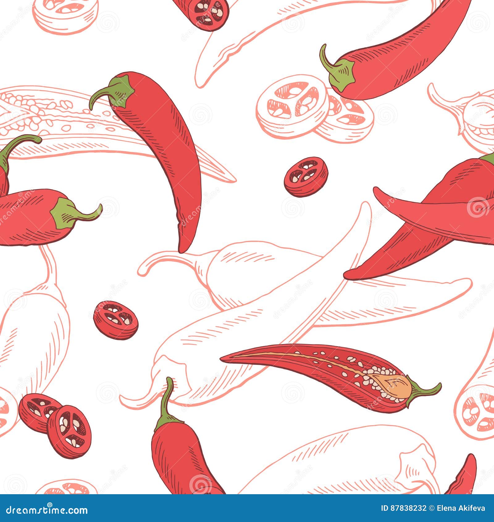 Chilli Pepper Graphic Red Color Sketch Seamless Pattern Illustration ...