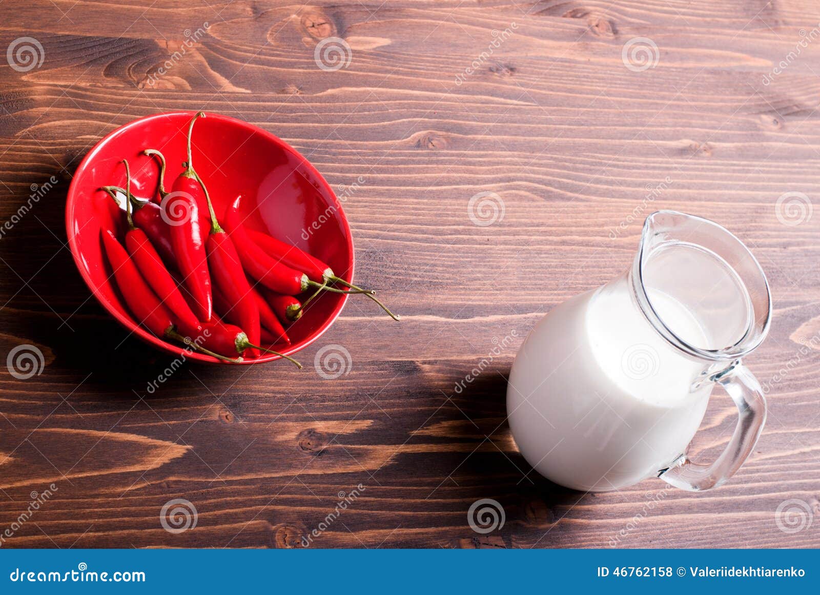 Chilli Peppers in a Red Plate and Jug of Milk on a Brown Table T Stock ...