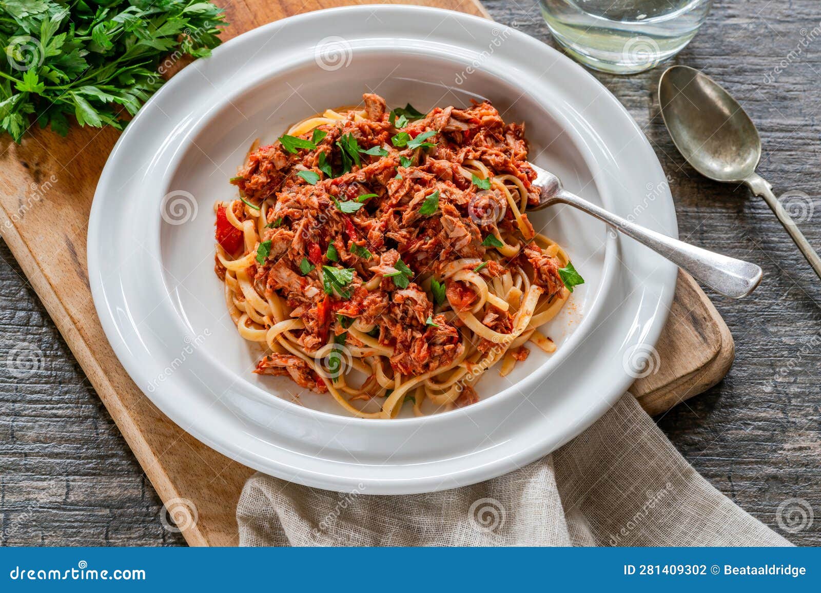 Chilli tuna with pasta stock photo. Image of table, lunch - 281409302