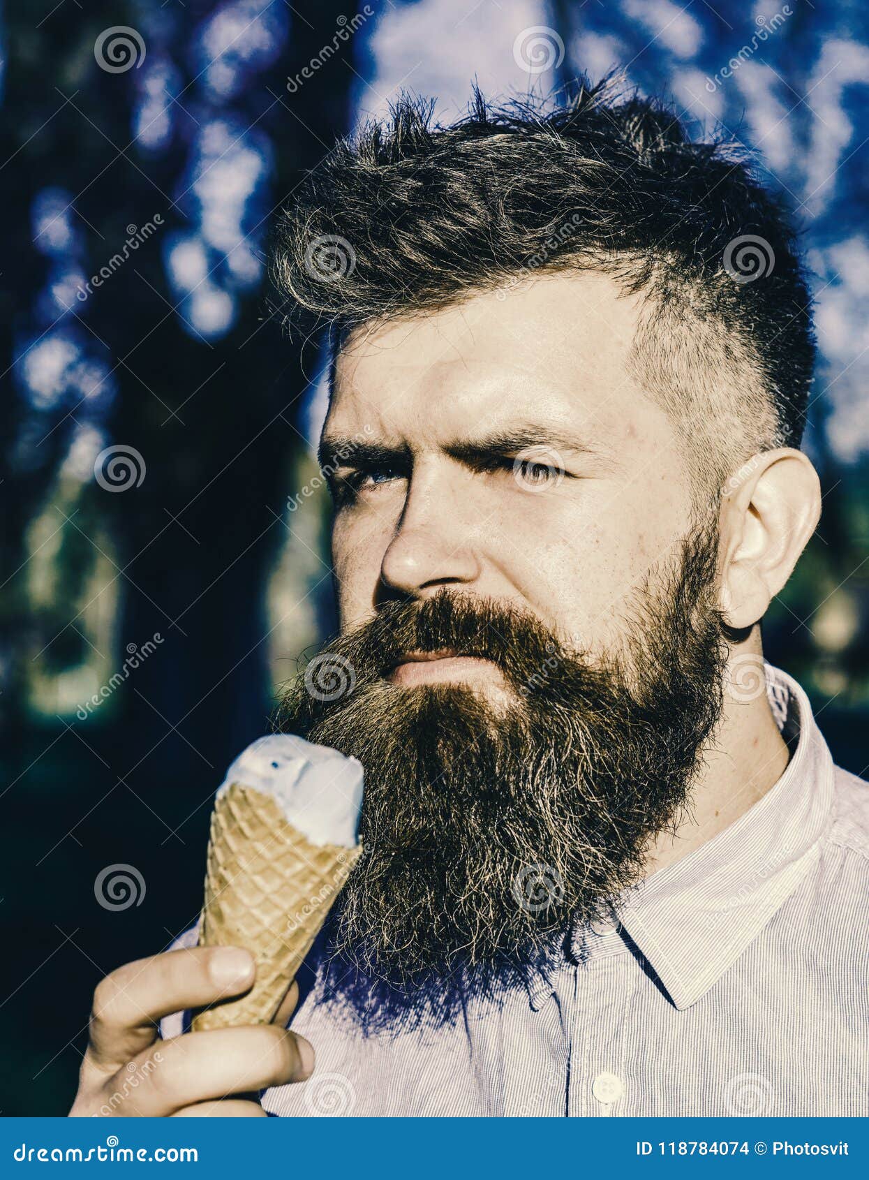 Chilling Concept Man With Long Beard Chilling With Ice Cream Cone On