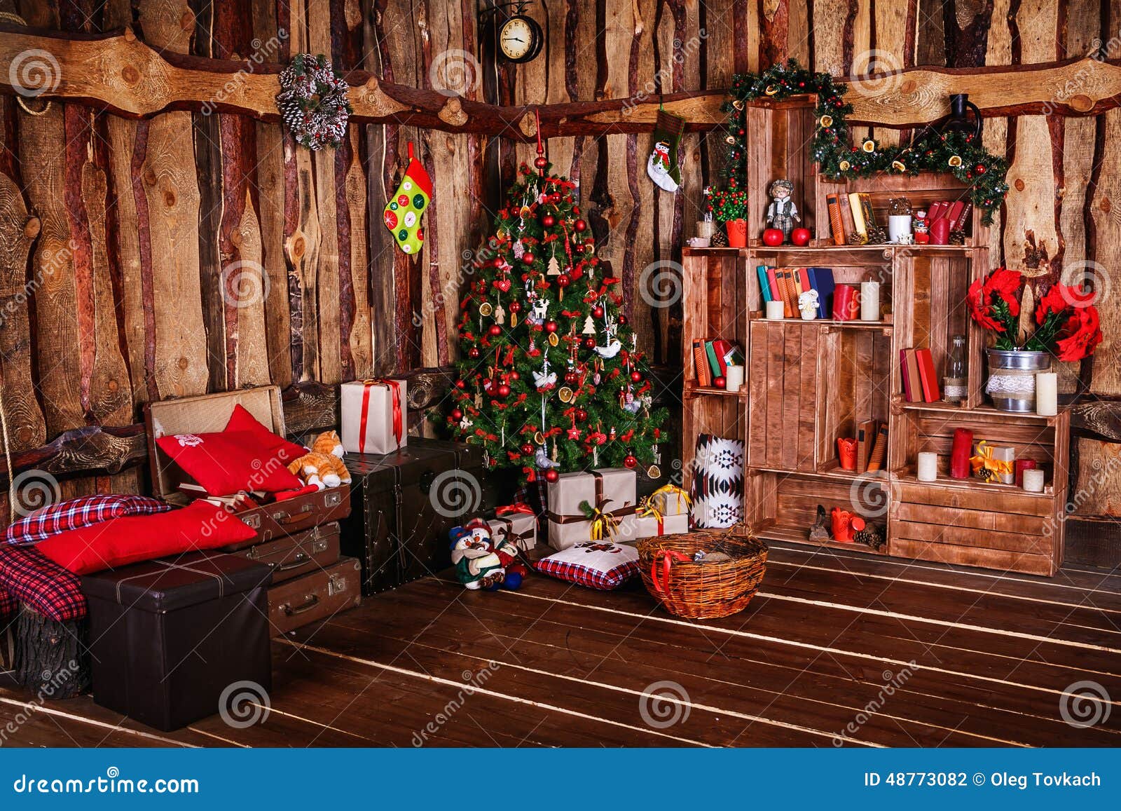 Chimney and Decorated Xmas Tree with Gift Stock Photo - Image of ...