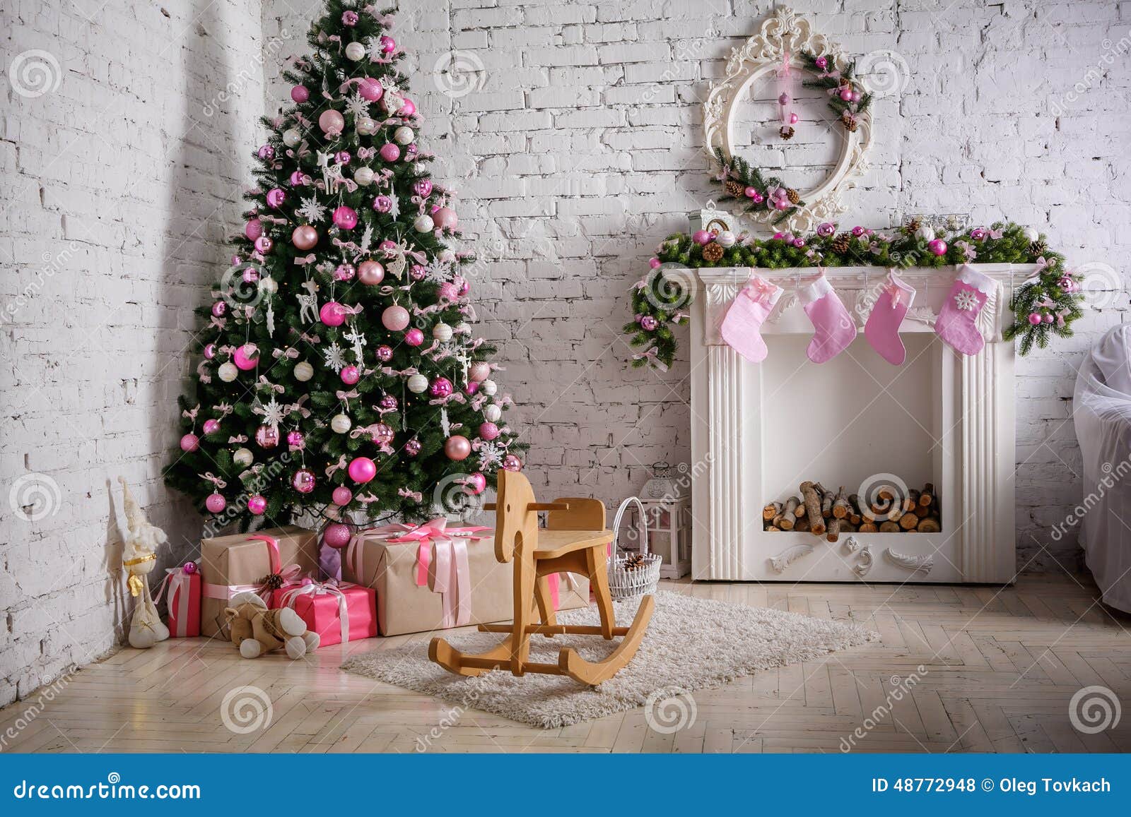 Chimney and Decorated Xmas Tree with Gift Stock Photo - Image of season ...