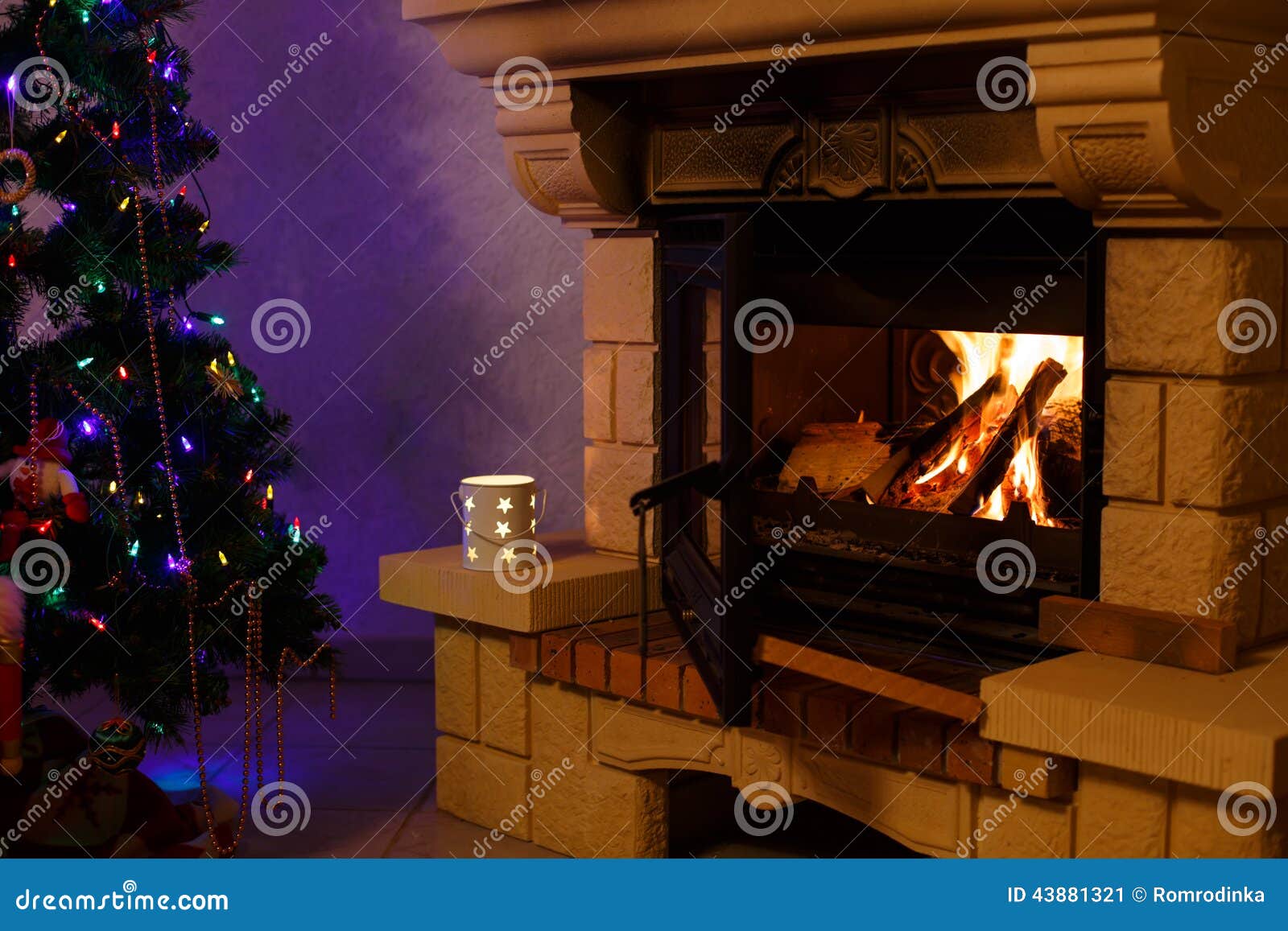 Chimney with Fire and Decorated Christmas Tree Stock Image - Image of ...