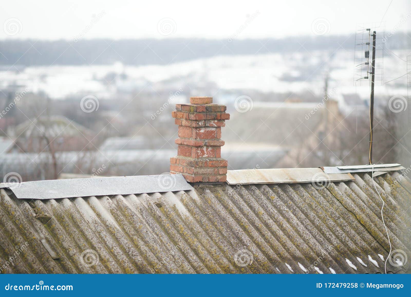 Chimney in Red Bricks on the Old Rural Roof Stock Photo - Image of ...