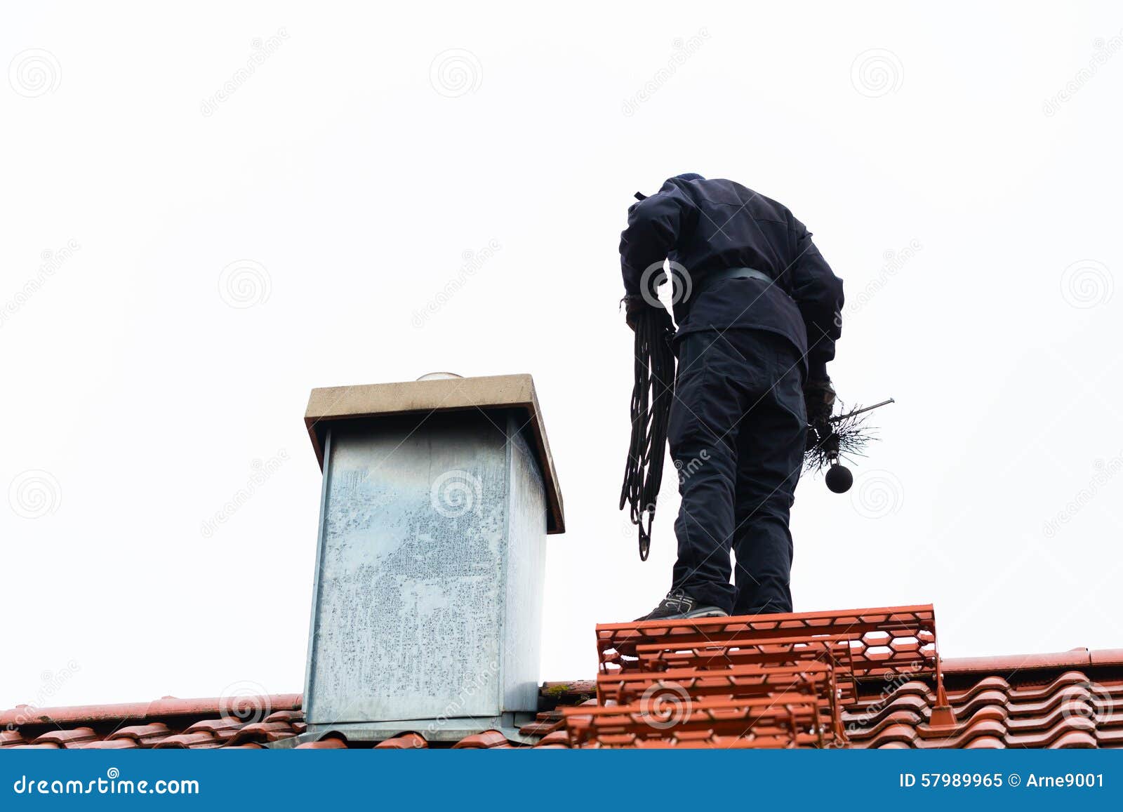 Chimney Sweep on Roof of Home Working Stock Image - Image of occupation ...