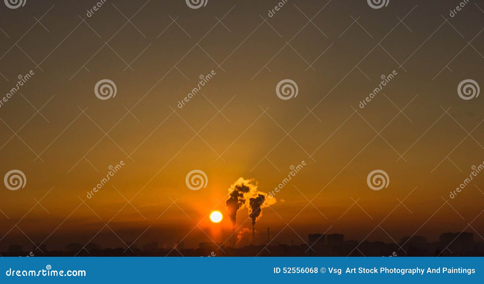 Chimneys and Dark Smoke Over Factory at Sunset Stock Photo - Image of ...