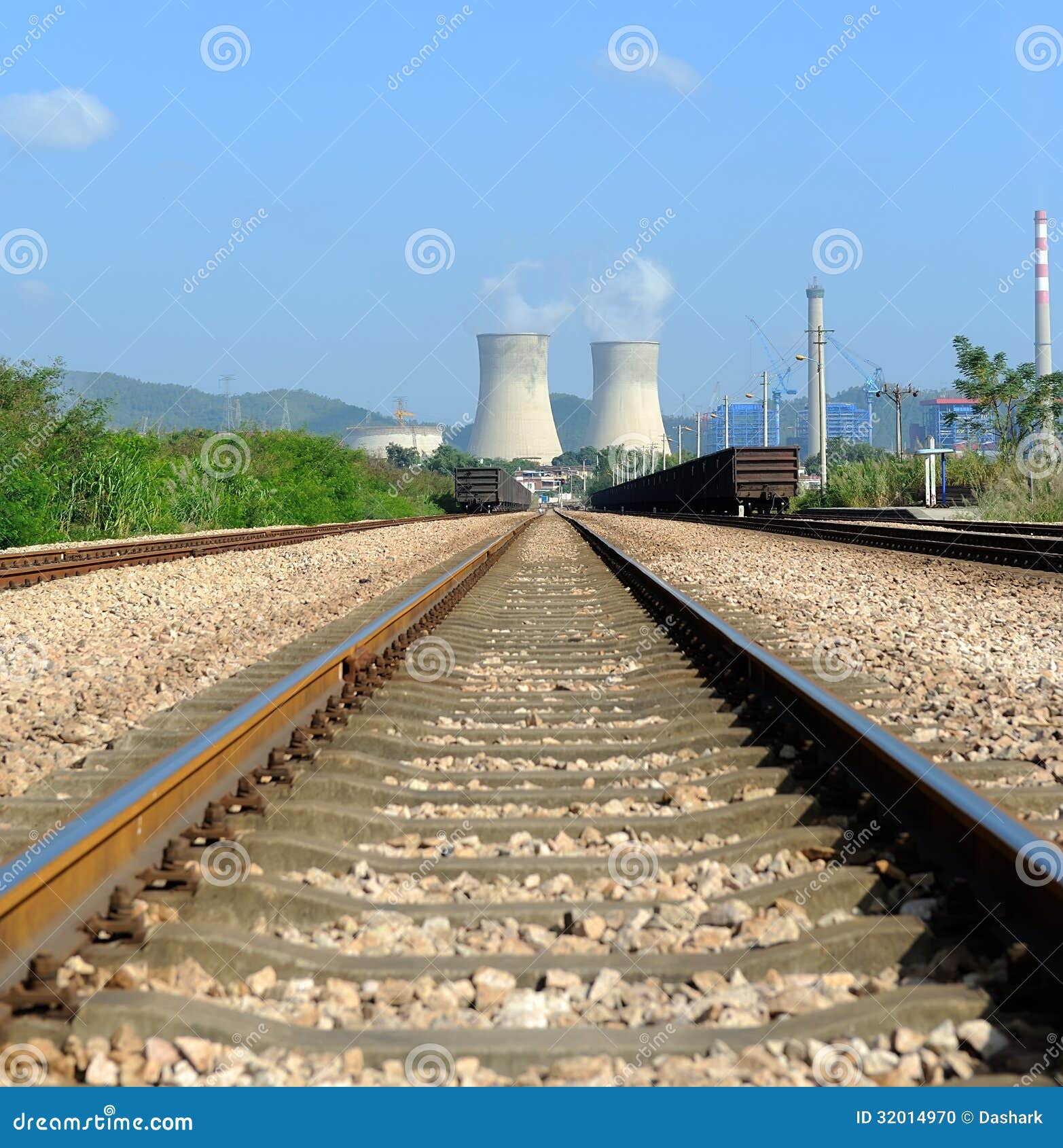 Chimneys and TrainIndustrial Landscape with Chimneys and Train Stock ...