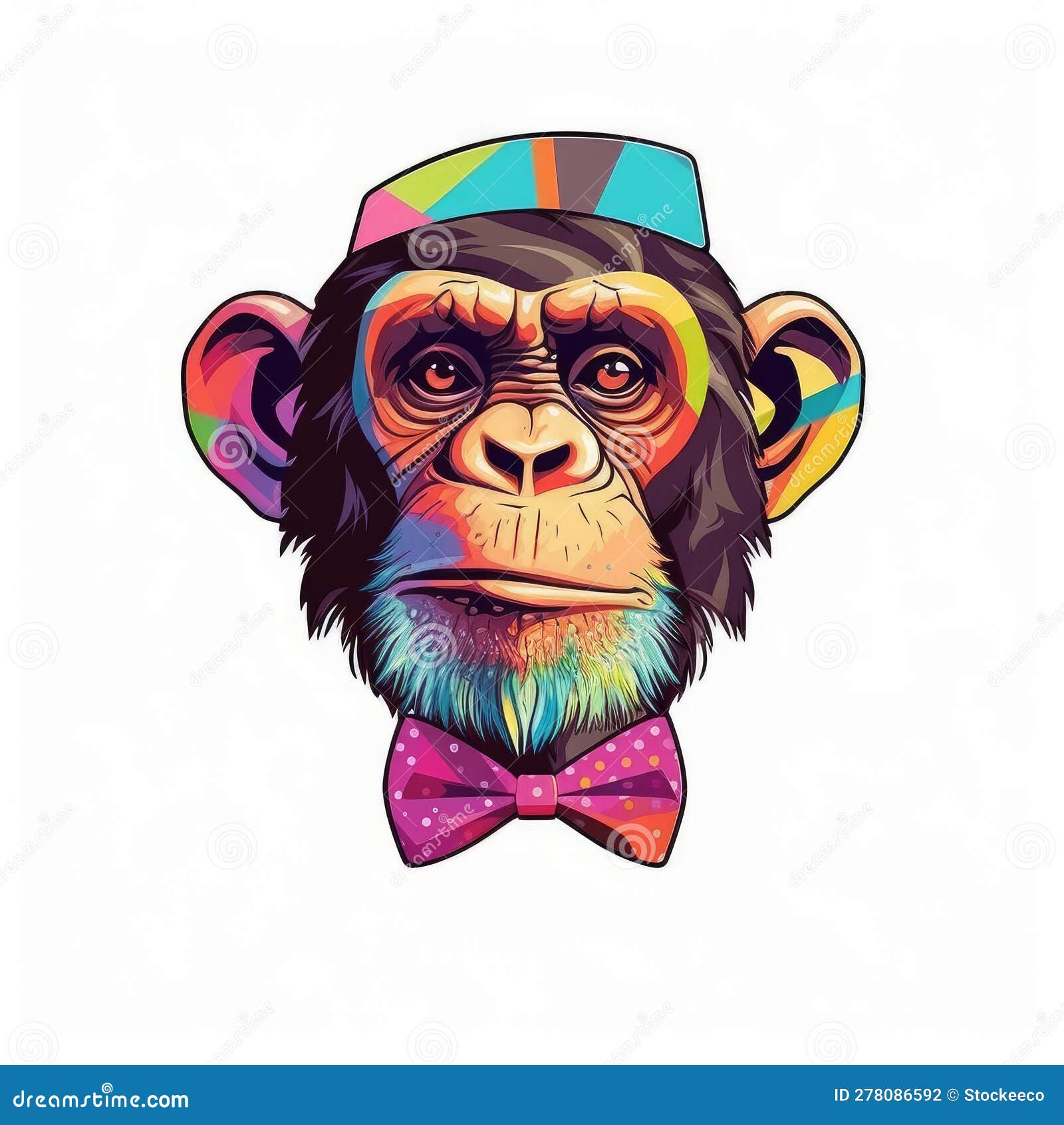 Chimp in Bow Tie Sticker: Colorful Algorithmic Art on White Background ...
