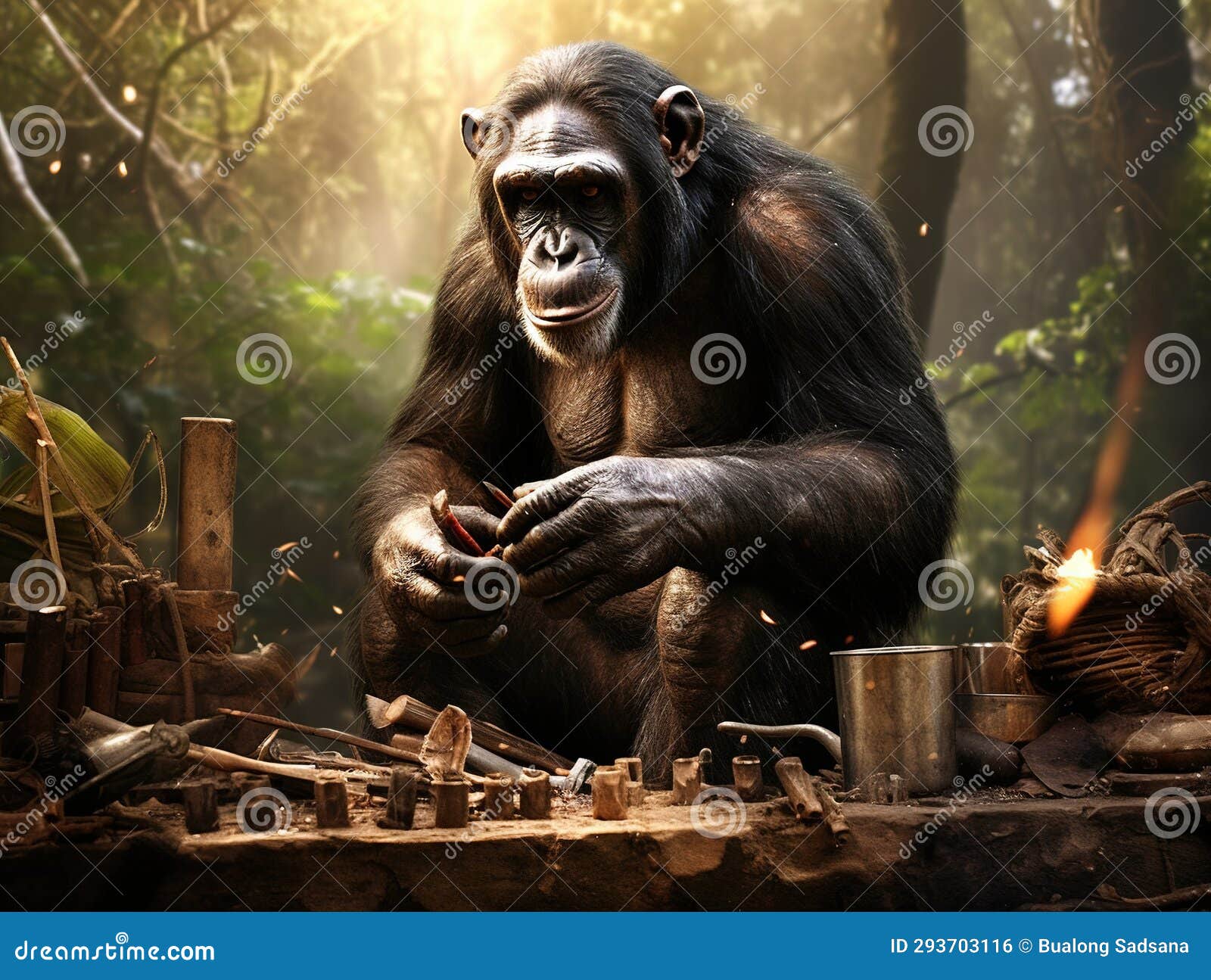 Chimp using tools stock illustration. Illustration of tree - 293703116
