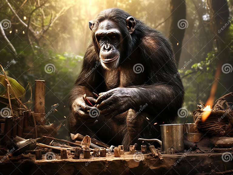 Chimp using tools stock illustration. Illustration of tree - 293703116