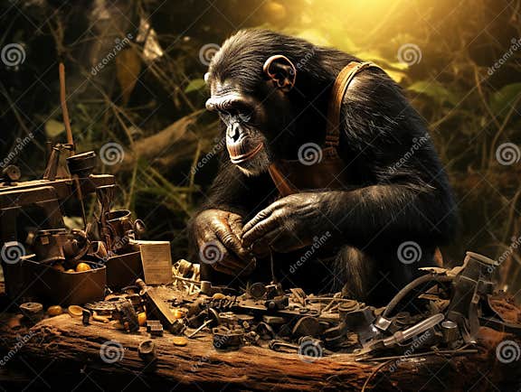 Ai Generated Illustration Wildlife Concept of Chimp Using Tools Stock ...