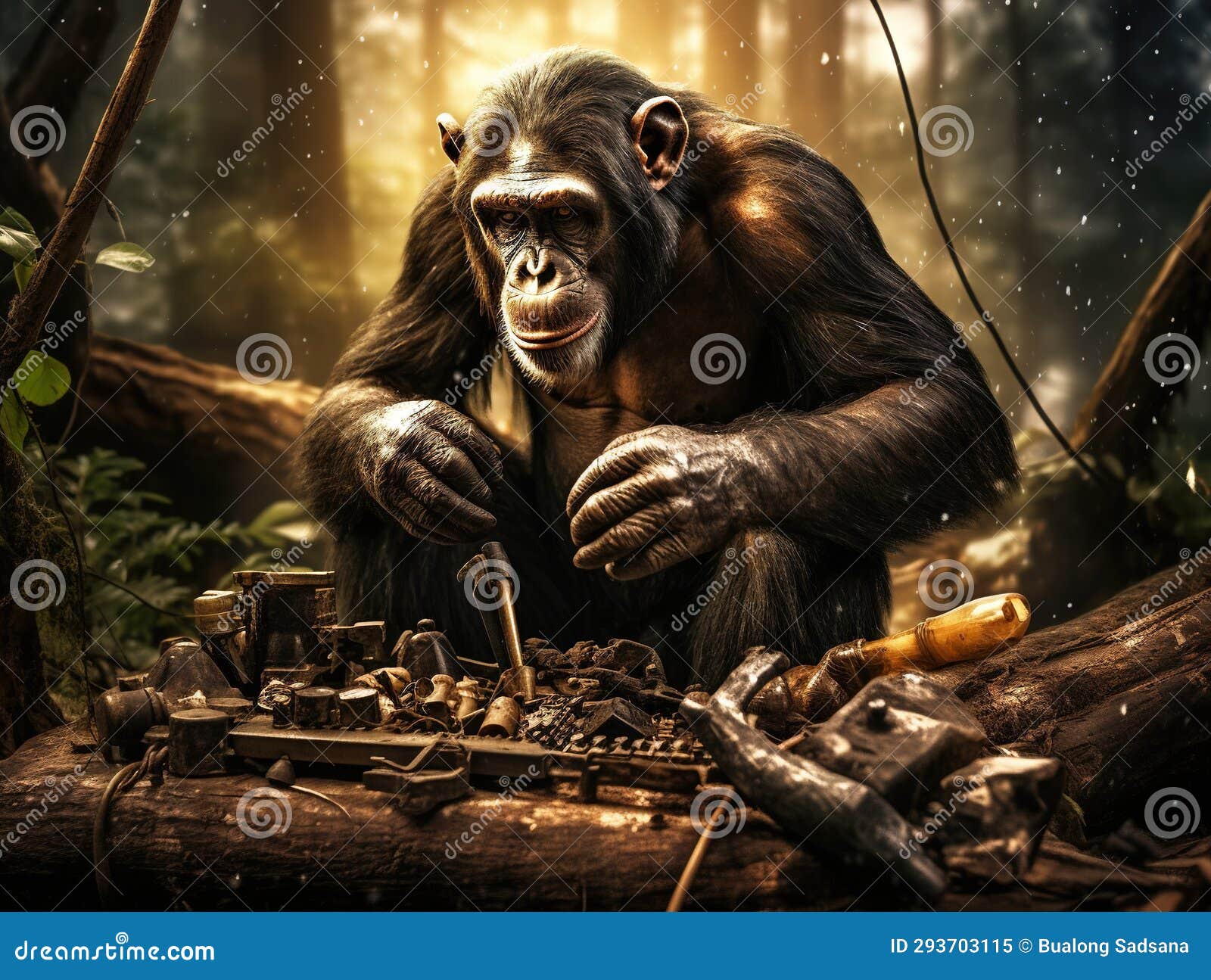 Ai Generated Illustration Wildlife Concept of Chimp Using Tools Stock ...