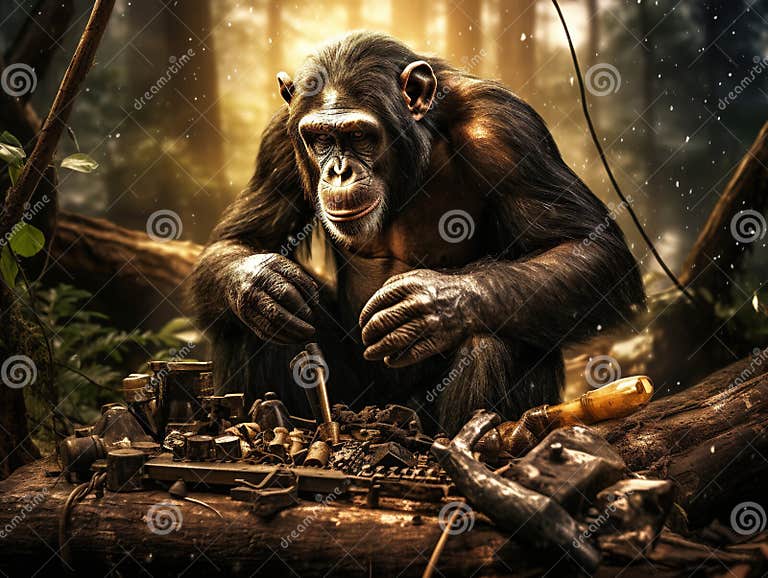 Ai Generated Illustration Wildlife Concept of Chimp Using Tools Stock ...