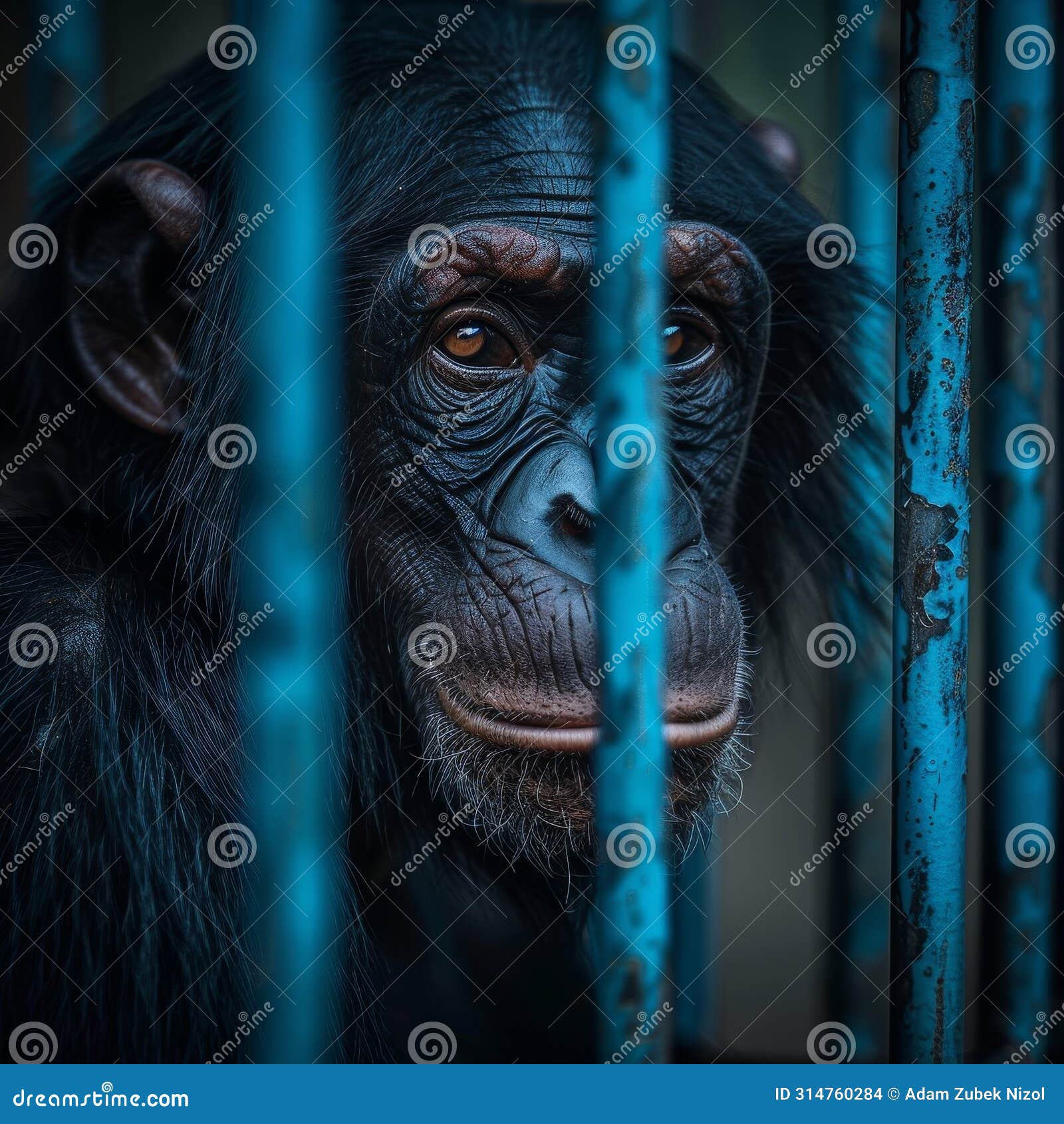 Chimpanzee Behind Bars Looking Contemplative Stock Illustration ...