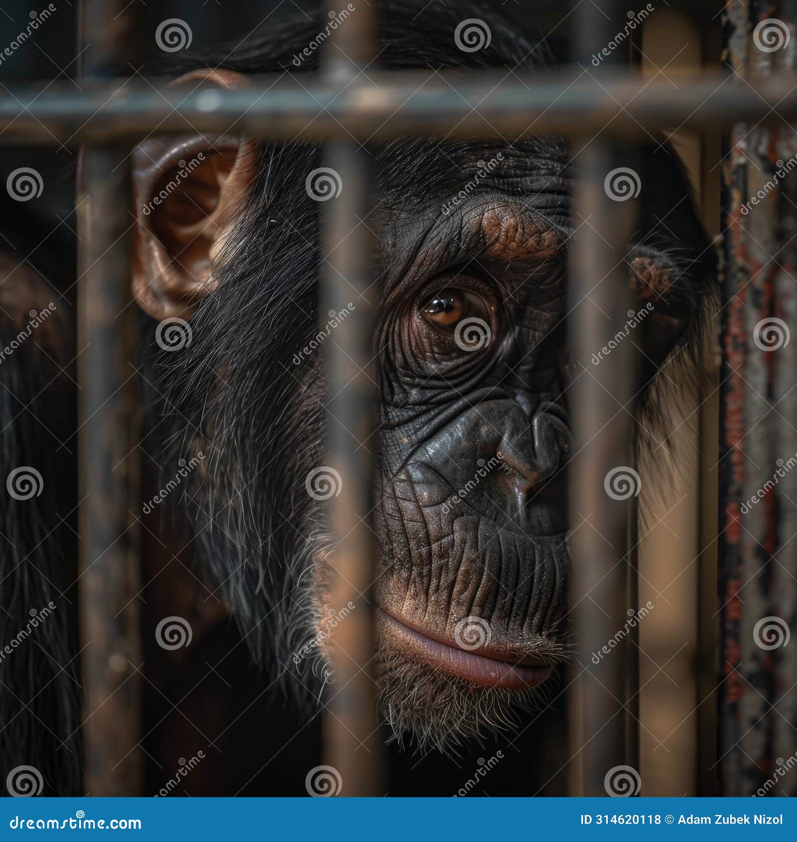 Chimpanzee Behind Bars Looking Out with a Thoughtful Expression Stock ...