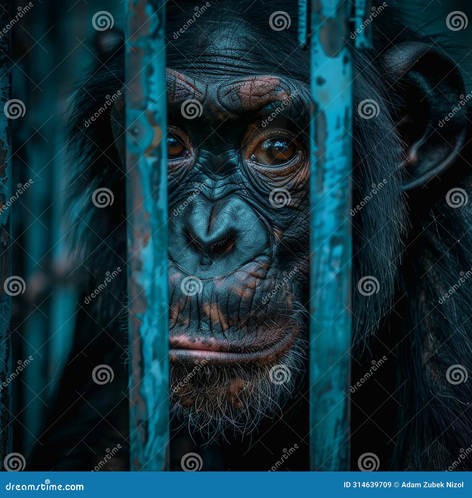 Chimpanzee Behind Bars with a Thoughtful Expression Stock Illustration ...