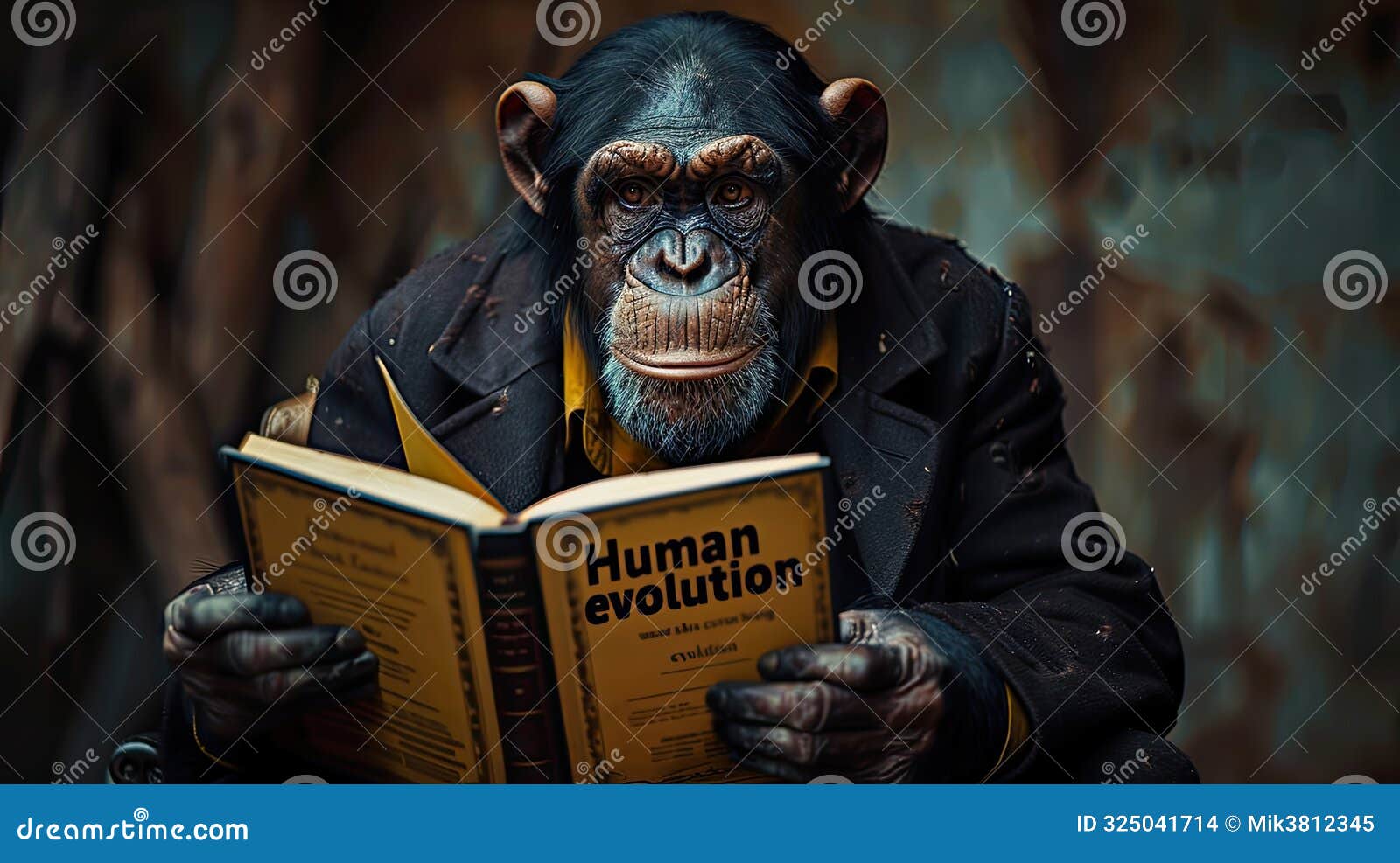 Chimpanzee Deeply Engrossed in Studying Human Evolution. Stock ...