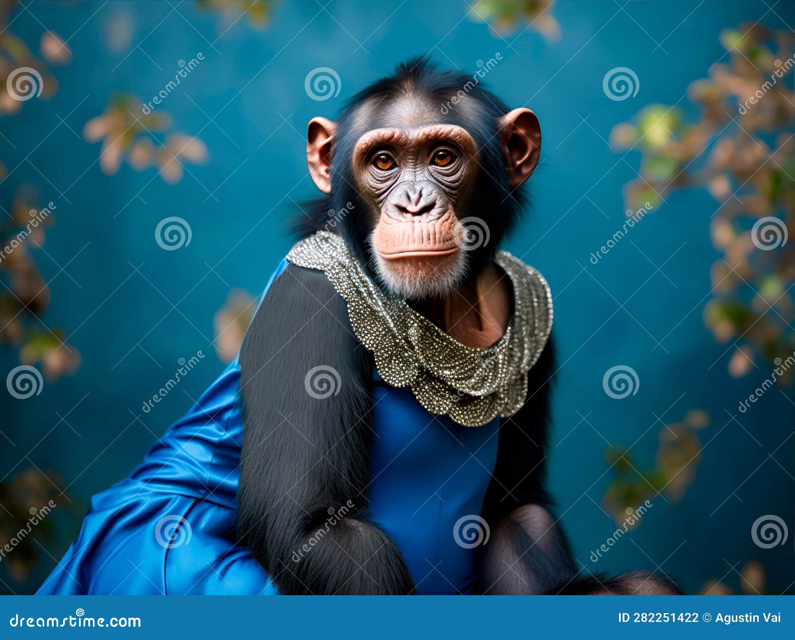 A Chimpanzee Looking at Camera with a Blue and Gray Dress Stock ...