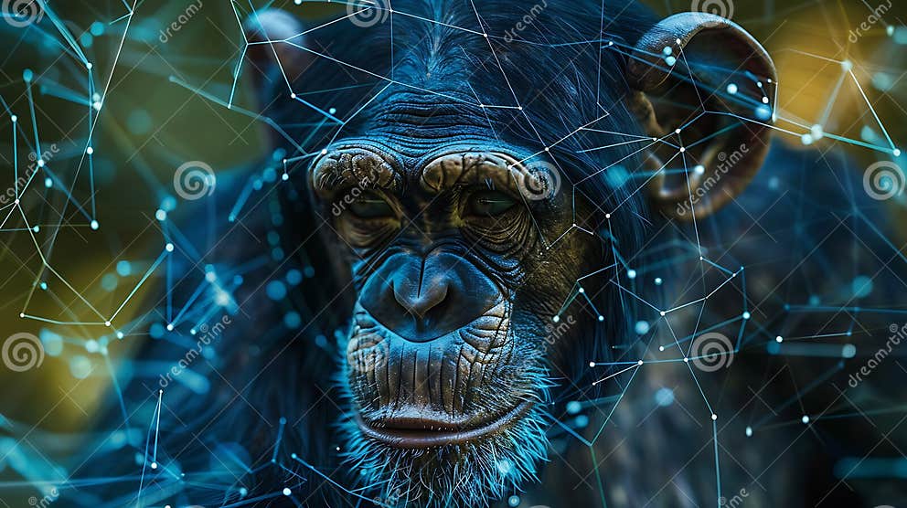 Chimpanzee Monkey with Low Poly Wireframe Background 3D Rendering Stock ...