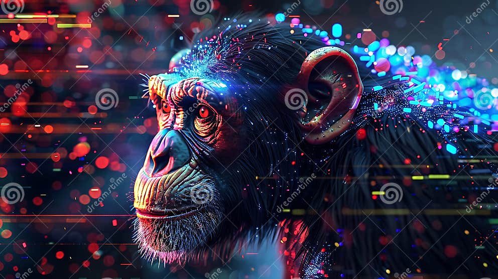 Chimpanzee Monkey Portrait 3D Illustration with Glitch Effect Stock Illustration - Illustration ...