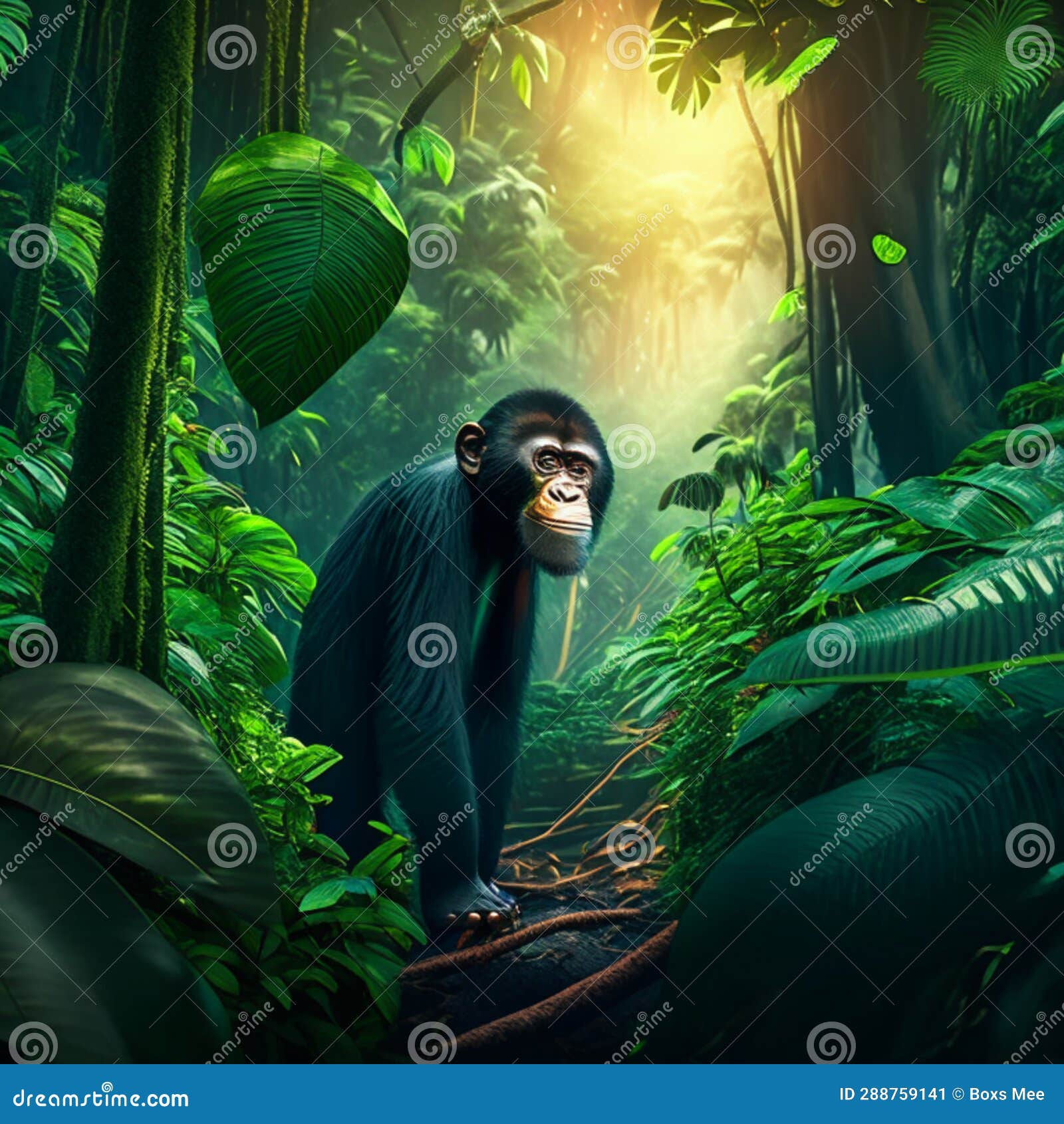 Chimpanzee Monkey in a Rainforest. Panoramic View Stock Image - Image ...