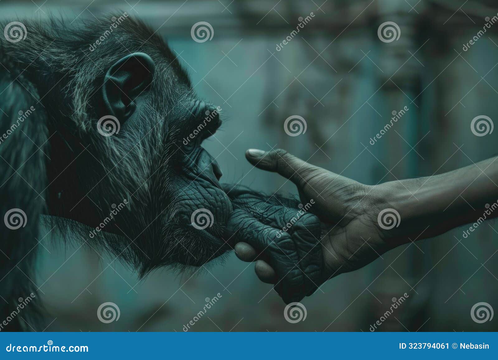 A Chimpanzee Reaches Out with Its Hand, Gently Touching the Hand of a ...