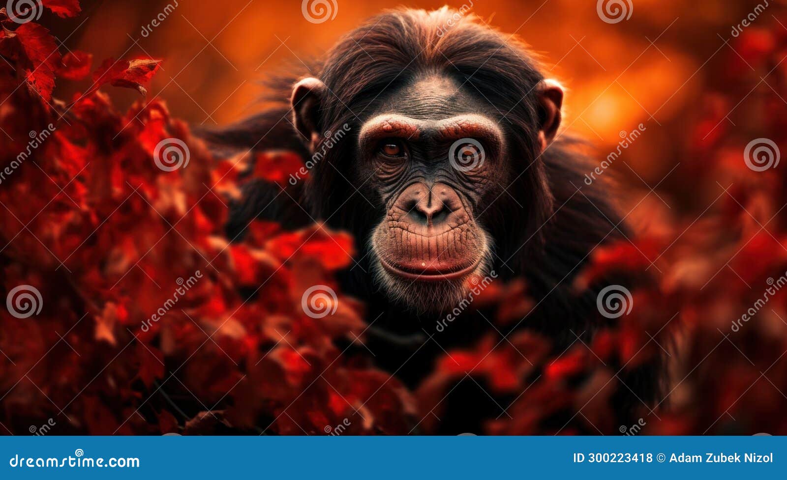 A chimpanzee in red leaves stock illustration. Illustration of jungle ...