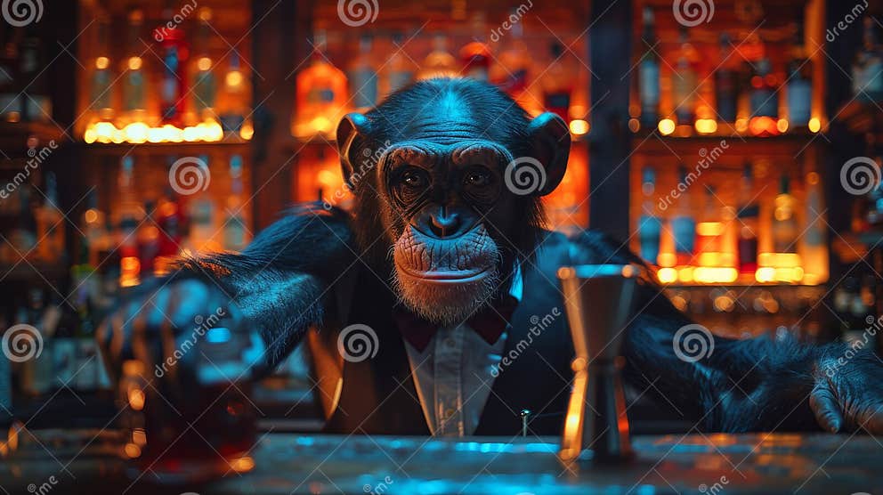 Chimpanzee Serving Drink at a Bar Stock Photo - Image of uniform ...