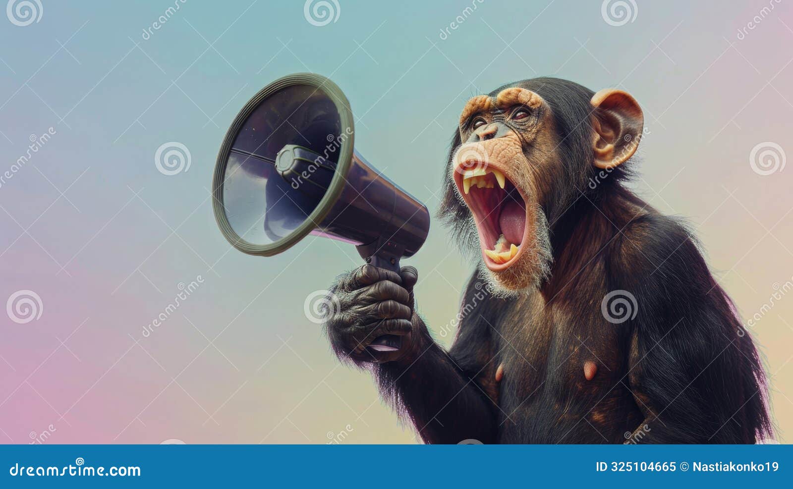 Chimpanzee Shouting into a Megaphone, Colorful Background ...