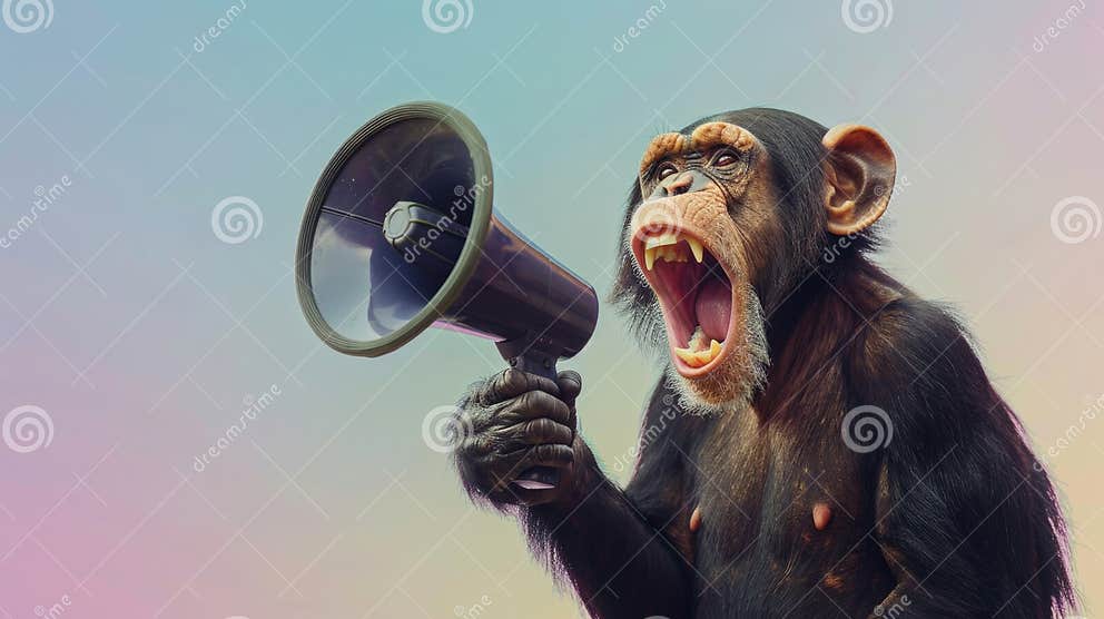Chimpanzee Shouting into a Megaphone, Colorful Background ...