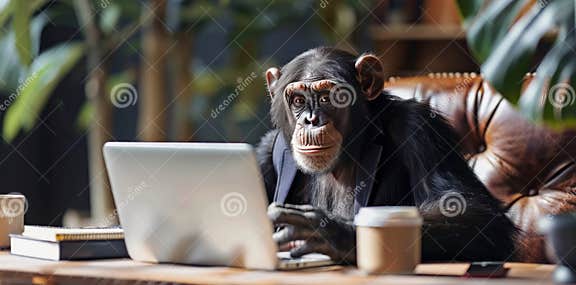 Chimpanzee Using Laptop Computer Outdoors Stock Photo - Image of brown ...