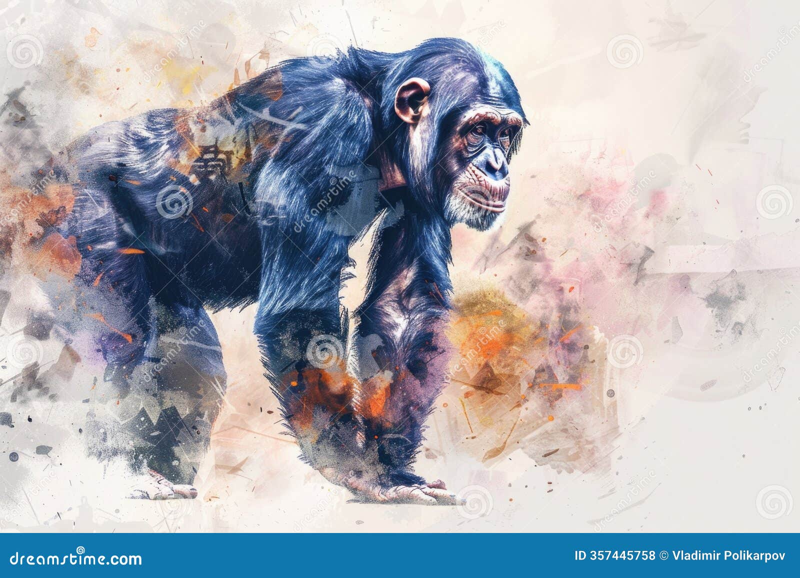 A Chimpanzee Standing Upright and Taking Steps on a Clean White Surface ...