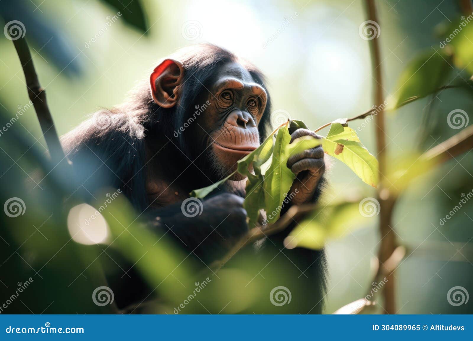 Chimpanzee Utilizing a Leaf for Shade Stock Image - Image of chimpanzee ...