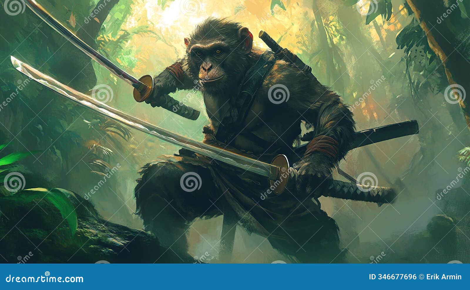 A Chimpanzee Warrior Wielding Two Katanas in a Jungle Stock ...