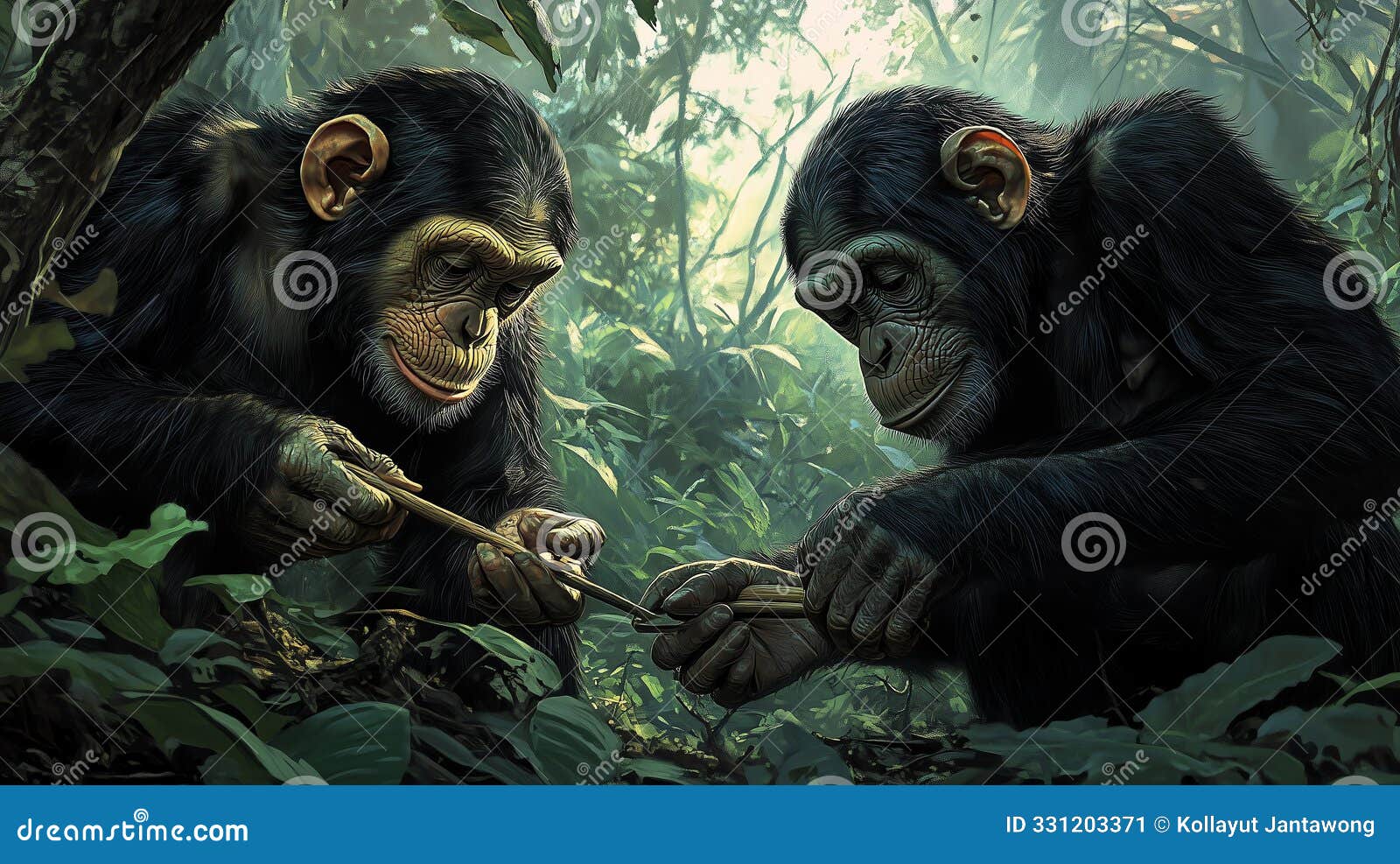 Chimpanzees Using Tools in a Forest with Dense Greenery and Dexterous ...