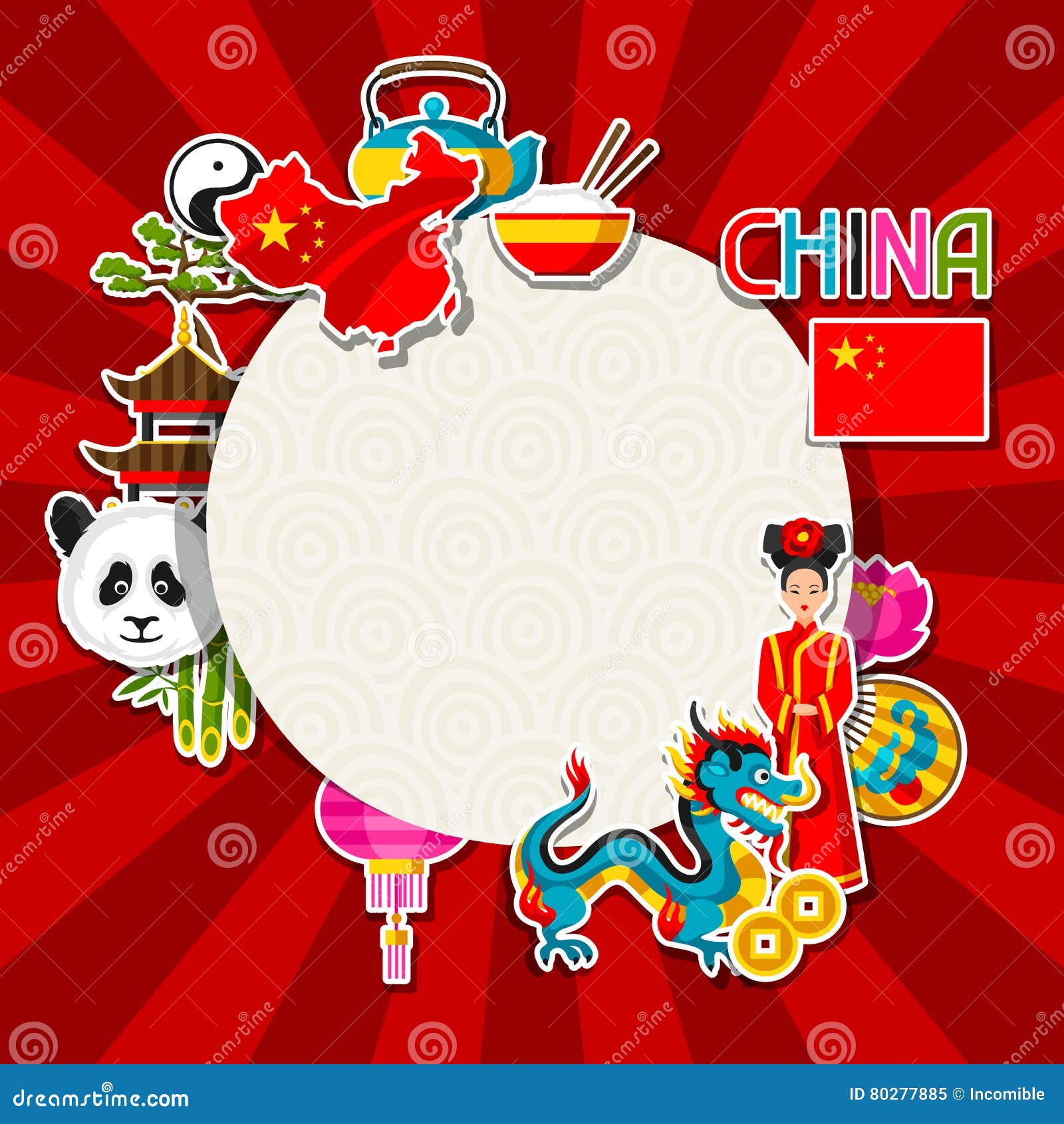 China Background Design. Chinese Sticker Symbols And Objects Cartoon ...