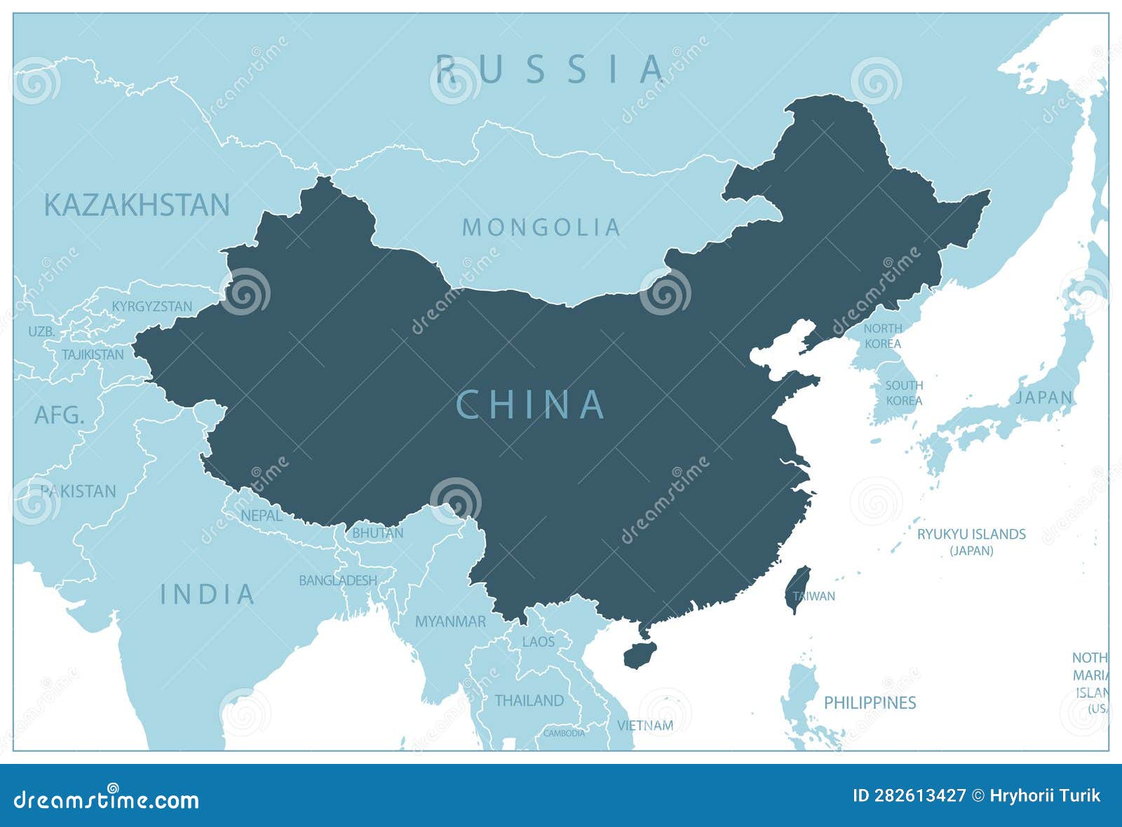 China - Blue Map with Neighboring Countries and Names Stock ...